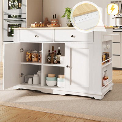 BTM White Kitchen Island Trolley with Power Strip Serving Tray Buffet ...