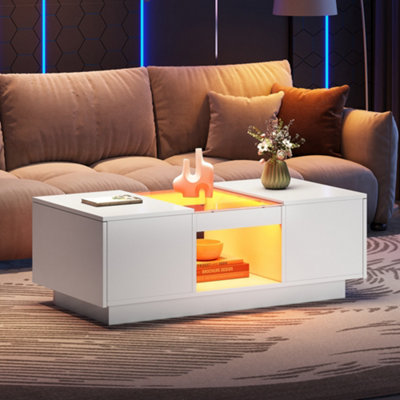 BTM White LED Coffee Table with Storage, 2 Tiers & 2 Drawers, Modern Center Table for Large ...