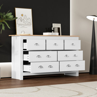 BTM White & Oak Sideboard Buffet Cabinet, 7 Drawers, Living Room ...