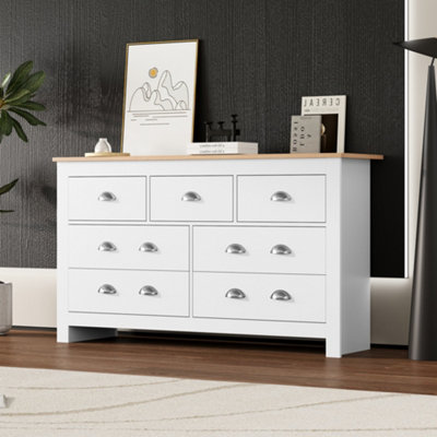 BTM White & Oak Sideboard Buffet Cabinet, 7 Drawers, Living Room ...