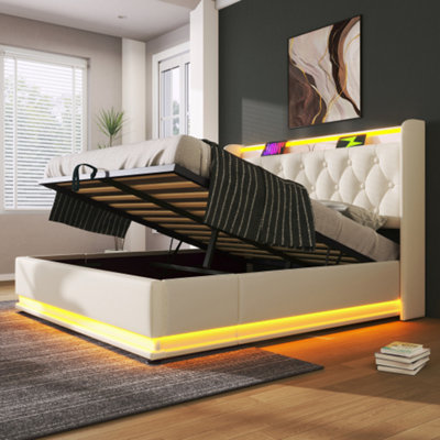 BTM White PU Double Ottoman Bed with LED Lights Storage and USB ...