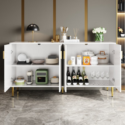 BTM White Sideboard 152x40x75cm with Wave Design and Gold Handles ...