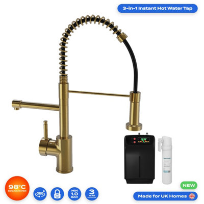 Bubly Bathrooms Brushed Gold 3-in-1 Instant Boiling Water Kitchen Tap ...