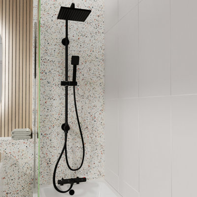 Bubly Bathrooms Matt Black Square Thermostatic Bath Shower Mixer Rigid ...