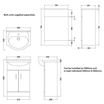 Bubly High-Gloss White 1050mm Combined Bathroom Vanity & WC Unit Set ...