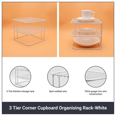 Buckingham 3-Tier White Corner Plate Rack Cupboard Shelf Organizer ...