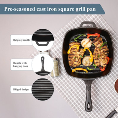 Buckingham Pre-Seasoned Cast Iron Square Grill Skillet Pan 26 cm