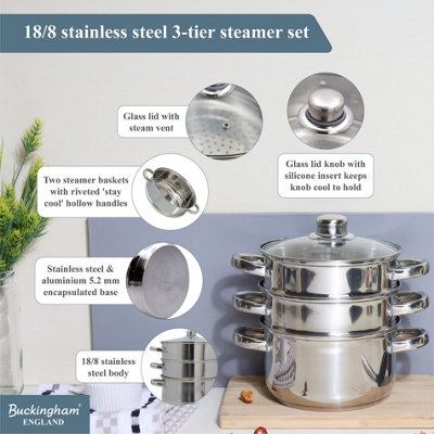 Buckingham Premium Induction Stainless Steel Three Tier Steamer Set 18 cm