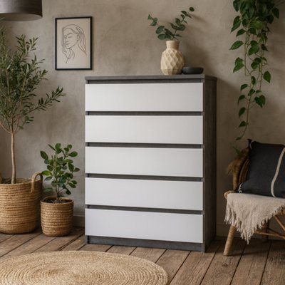 Budapest Tall Chest of 5 Drawers Concrete Effect & White Gloss