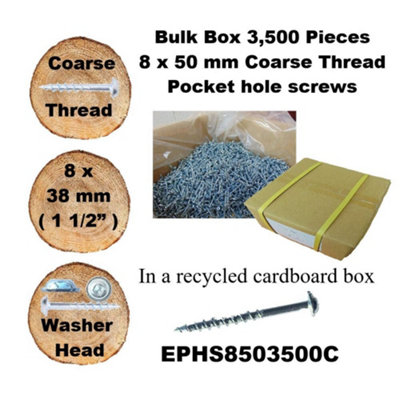 Bulk box of 50mm Coarse thread Pocket Hole screws 3,500 Pieces