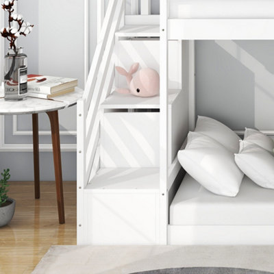 Bunk Bed with Stairs and Slide Solid Pine Wood Frame Children Bed with 2 Drawers in the Steps 90x190cm White