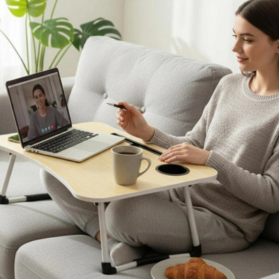 BURAKH Light Wood-Effect Folding Laptop Bed Table with Cup Holder and ...