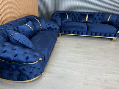 Bvlgari 3 Seater and 2 Seater Sofa Navy Blue and Gold Accents | DIY at B&Q