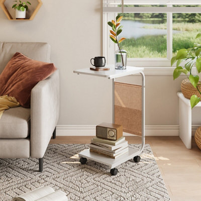 C-Shaped White Side Table With Storage Bag Lockable Casters 40x30x61cm