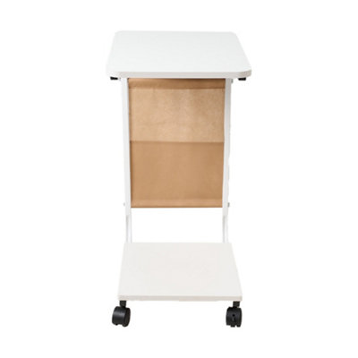 C-Shaped White Side Table With Storage Bag Lockable Casters 40x30x61cm