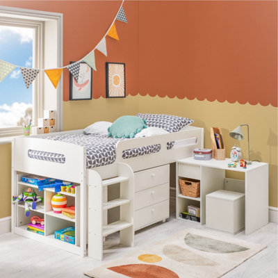 Cabin Single Mid Sleeper Bed Drawers Desk Bookshelf Ladders with Pocket Sprung Mattress