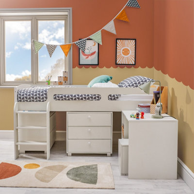 Cabin Single Mid Sleeper Bed Drawers Desk Bookshelf & Ladders with ...