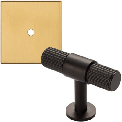 Cabinet Door Knob & Contrasting Backplate Set - Reeded T Bar Pull ...