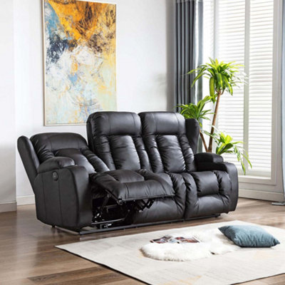 Caesar Electric High Back Luxury Bond Grade Leather Recliner 3 Seater Sofa Black