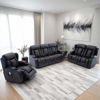 Caesar Manual Recliner Bonded Leather 1+2+3 Seater Sofa Set (Black)