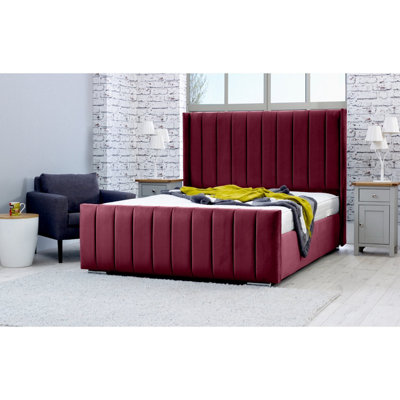 Caira Plush Bed Frame With Winged Headboard - Maroon | DIY at B&Q