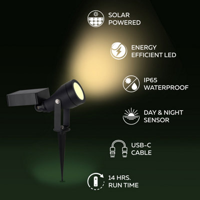 Calex Casena LED Solar Garden Spotlight Black Warm White Waterproof 2 Pack