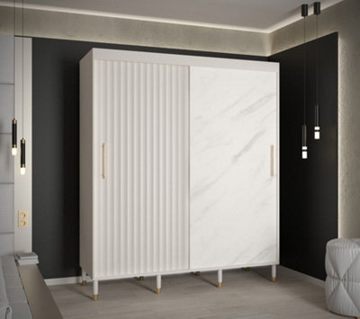 Calipso Wave Modern 2 Sliding Marble Effect Door Wardrobe Gold Handles ...