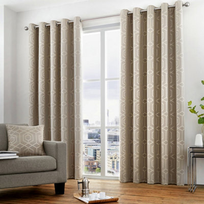 Camberwell Modern Geo Jacquard Stone Eyelet Curtains