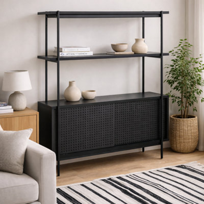 Cambridge Industrial Black Mesh Bookcase 2 Shelves 2 Sliding Doors