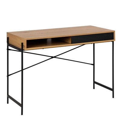 Cambridge Oak-Effect Office Desk with Sliding Metal Door, Black Frame
