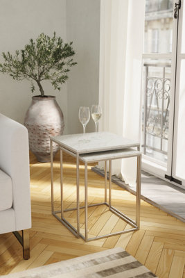 Camden Nest Of Square Tables Silver Frame & White Marble Top