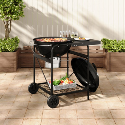 Camping Black Round Charcoal Grill BBQ with Side Table and Lid Cover ...