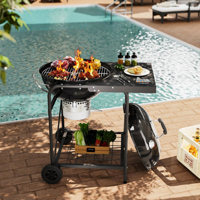 Camping Black Round Charcoal Grill BBQ with Side Table and Lid Cover ...
