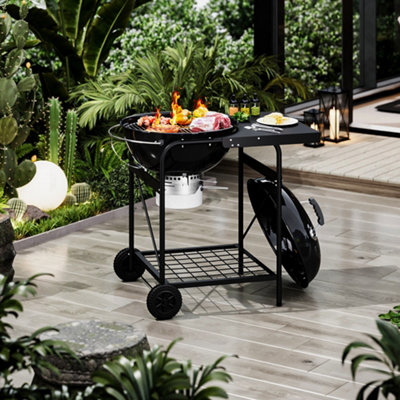 Camping Black Round Charcoal Grill BBQ with Side Table and Lid Cover ...