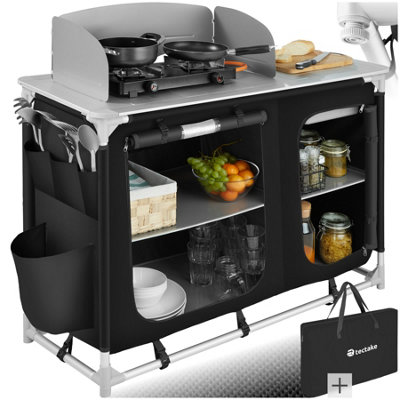 Camping Kitchen - foldable with 4 compartments, aluminium frame - black