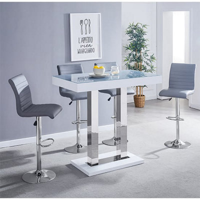 Caprice Grey White Gloss Bar Table With 4 Ripple Grey Stools | DIY at B&Q