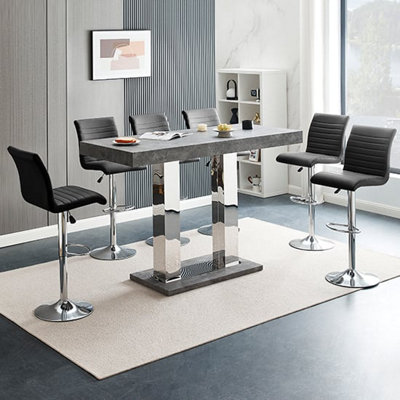 CAPRICE LARGE CONCRETE EFFECT BAR TABLE 6 RIPPLE BLACK STOOLS