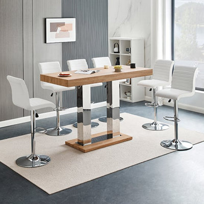 Caprice Large Oak Effect Bar Table With 6 Ripple White Stools | DIY at B&Q