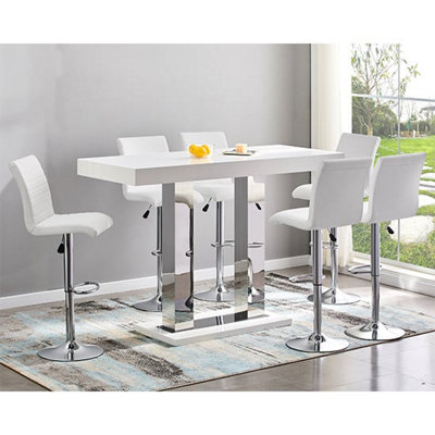Caprice Large White Gloss Bar Table With 6 Ripple White Stools | DIY at B&Q