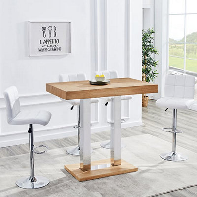 Caprice Oak Chrome Bar Table With 4 Coco White Stools | DIY at B&Q