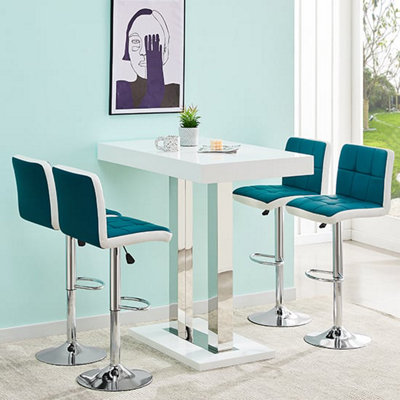 Caprice White High Gloss Bar Table 4 Copez Teal White Stools | DIY at B&Q