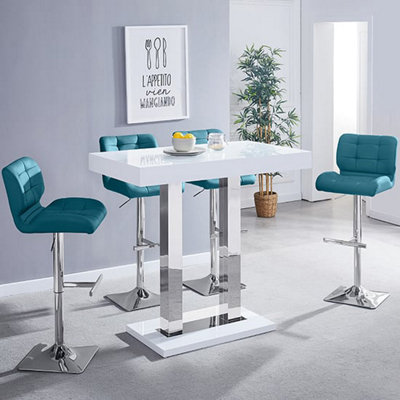 Caprice White High Gloss Bar Table With 4 Candid Teal Stools | DIY at B&Q