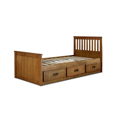 Captain Oak Finish 3 Drawer Wooden Single Storage Bed