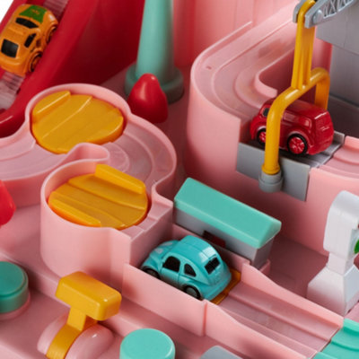 Car Adventure Toys Car Race Track Toys with 4 Toy Vehicles, Pink