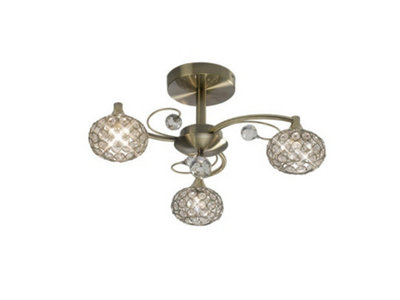 Cara Flush Ceiling 3 Light Antique Brass, Crystal