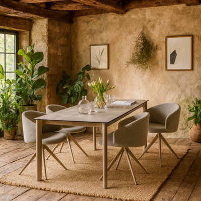 Cardiff 160cm Grey Ceramic Dining Table with 4 Beige Boucle Swivel Chairs