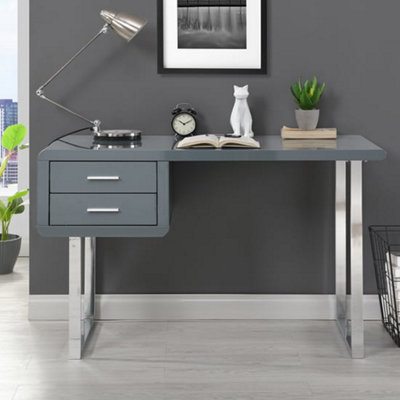 Carlo High Gloss Computer Desk In Grey With Chrome Legs | DIY at B&Q