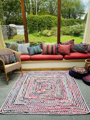 CARNIVAL White Cotton Square Rug Braided with Multi Colours ...