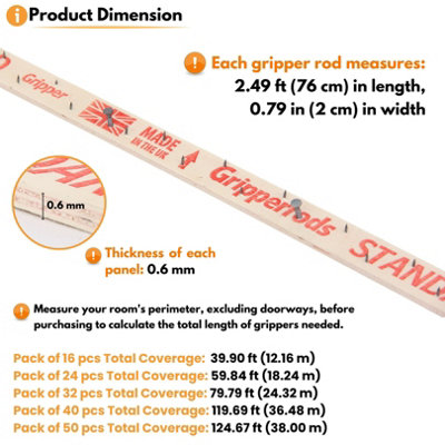 Carpet Gripper Rods 76cm long Pack of 24 Pcs Covering 18.24m Pre-Nailed ...