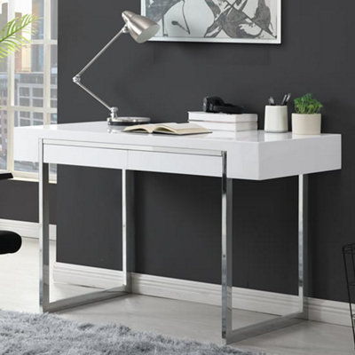 Casa High Gloss Computer Desk With 2 Drawers In White | DIY at B&Q